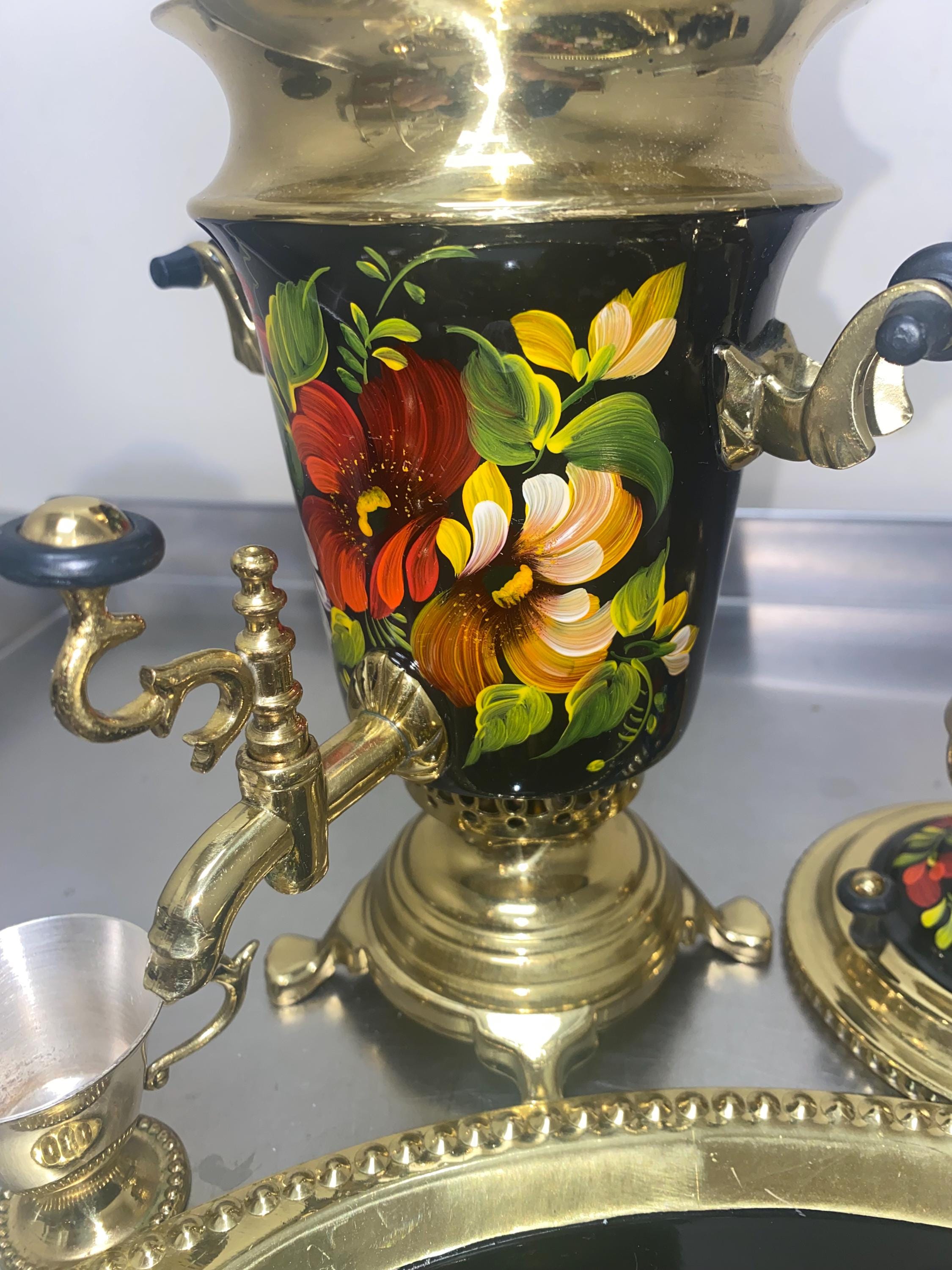 Vintage Russian Samovar | Tray + 3 Cups | Hand Painted Floral | RARE ...