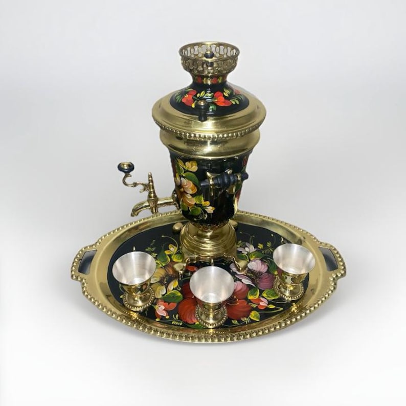 Vintage Russian Samovar | Tray + 3 Cups | Hand Painted Floral | RARE ...