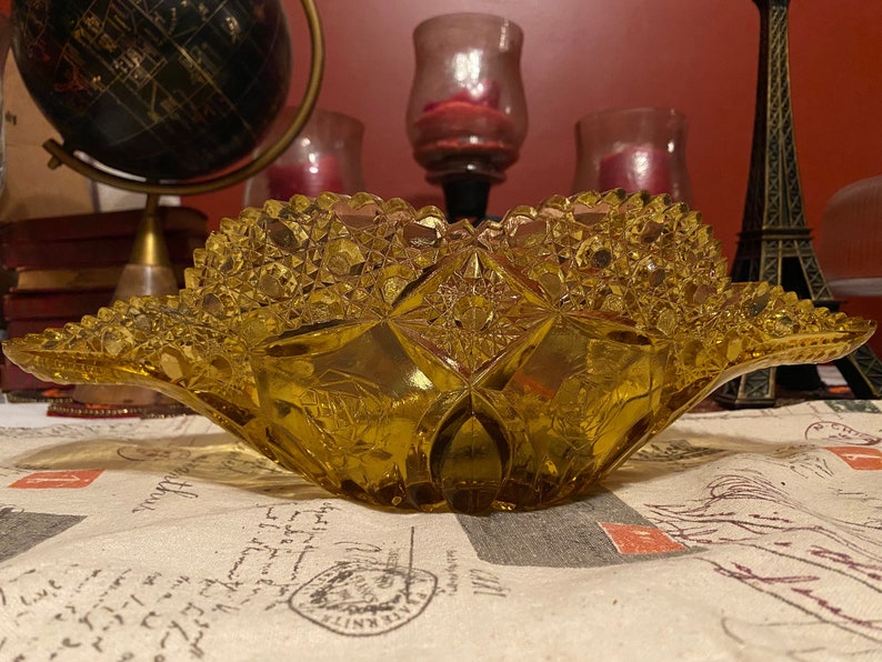 Vintage Kemple Glass Amber Wheatonware Napoleon Hat Banana Bowl Hobstar ...