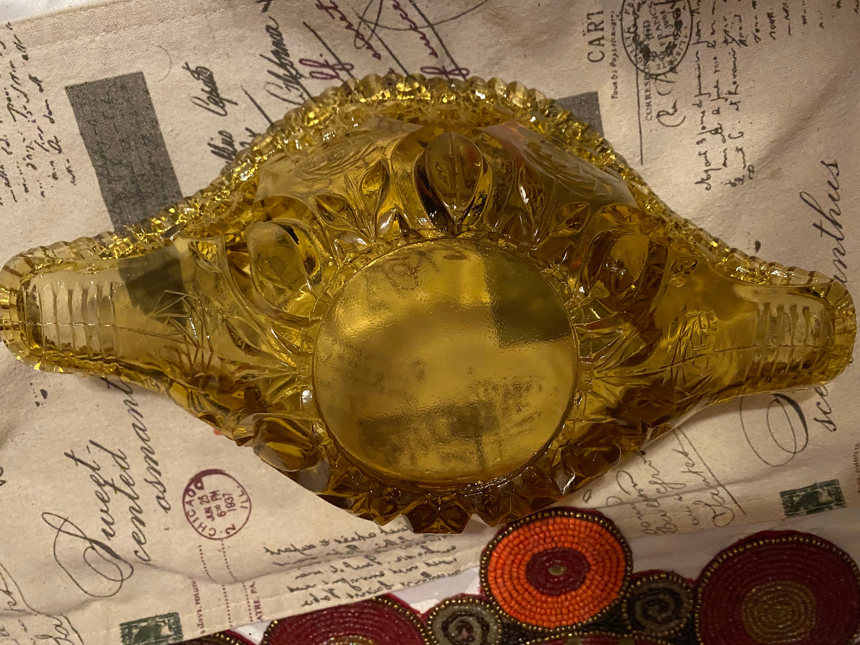 Vintage Kemple Glass Amber Wheatonware Napoleon Hat Banana Bowl Hobstar ...