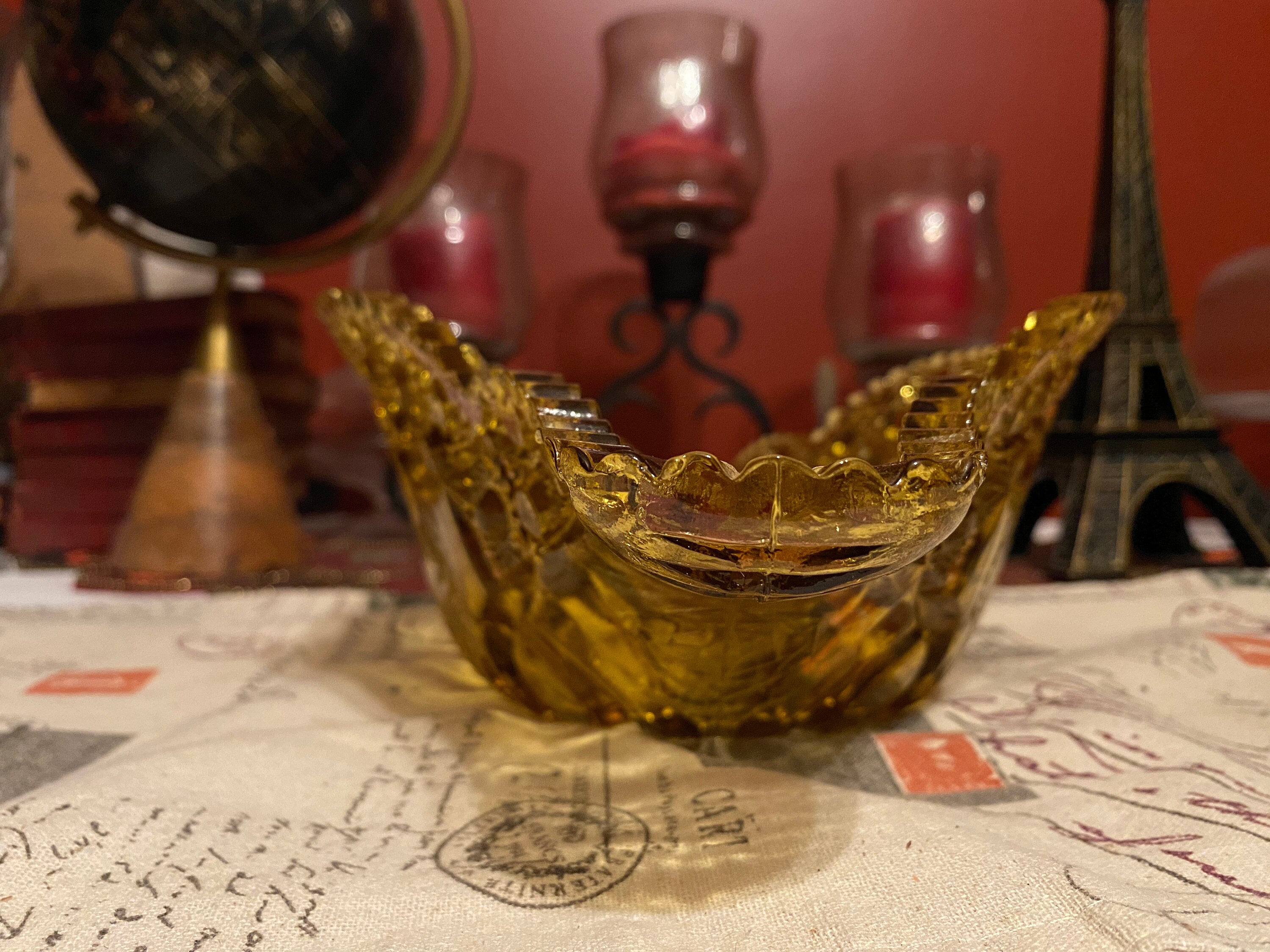 Vintage Kemple Glass Amber Wheatonware Napoleon Hat Banana Bowl Hobstar ...