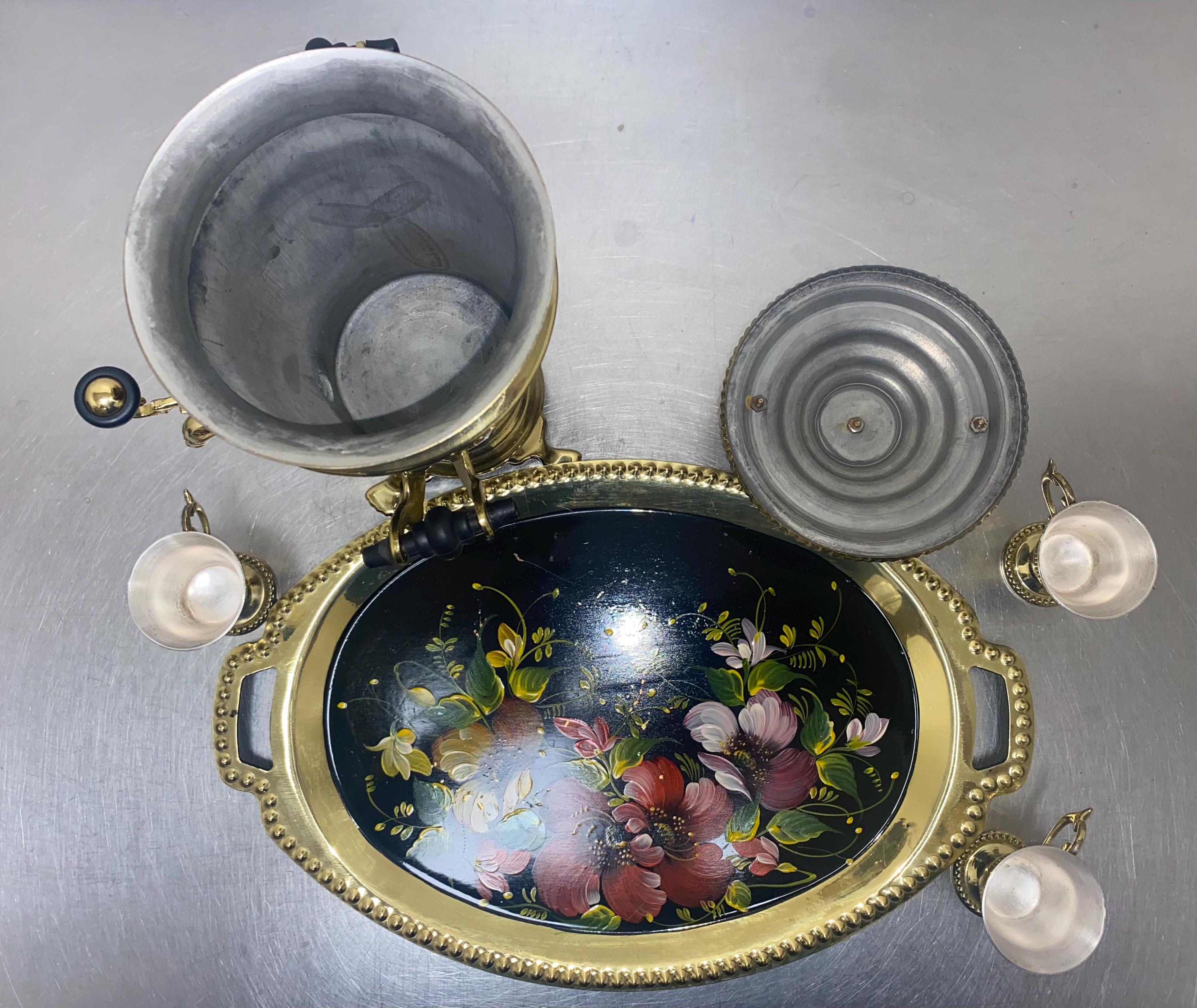 Vintage Russian Samovar | Tray + 3 Cups | Hand Painted Floral | RARE ...