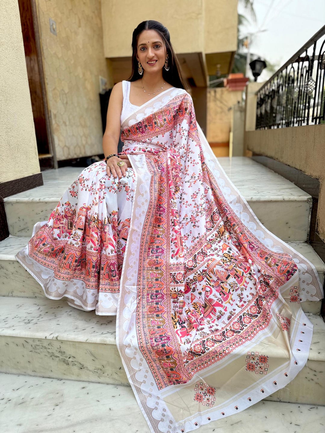 White Color Rangoli Magalkari Silk Pattu Digital Printed With Jacquard ...