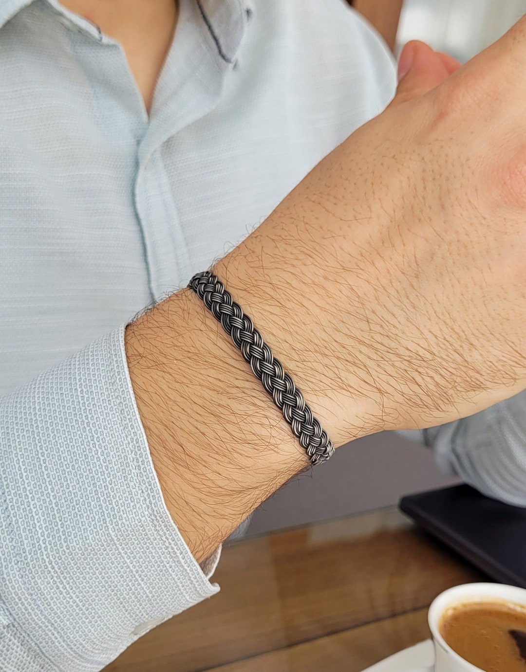 Men's Braided Bracelet • Silver Twisted Bracelet • Woven Bracelet • Man ...