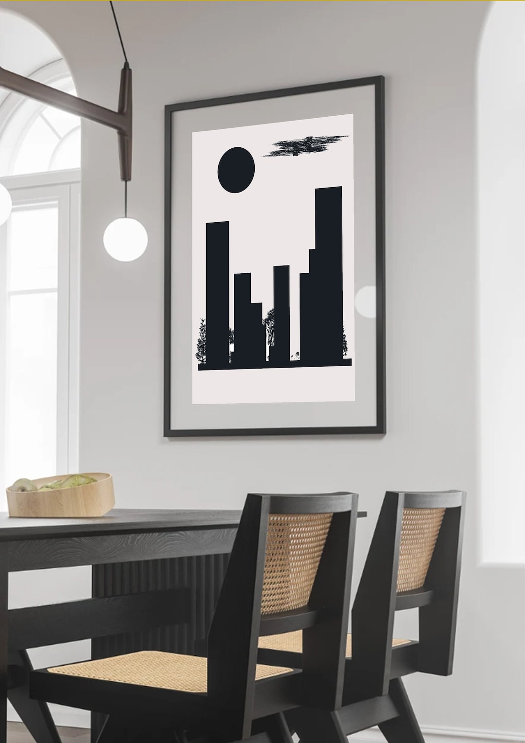 Printable Poster City in Black and White With Buildings, Moon and Trees ...