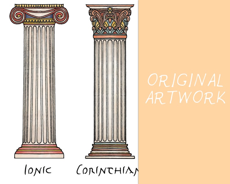 Ancient Greek Columns Poster (titles), Watercolour Line Art, Student ...