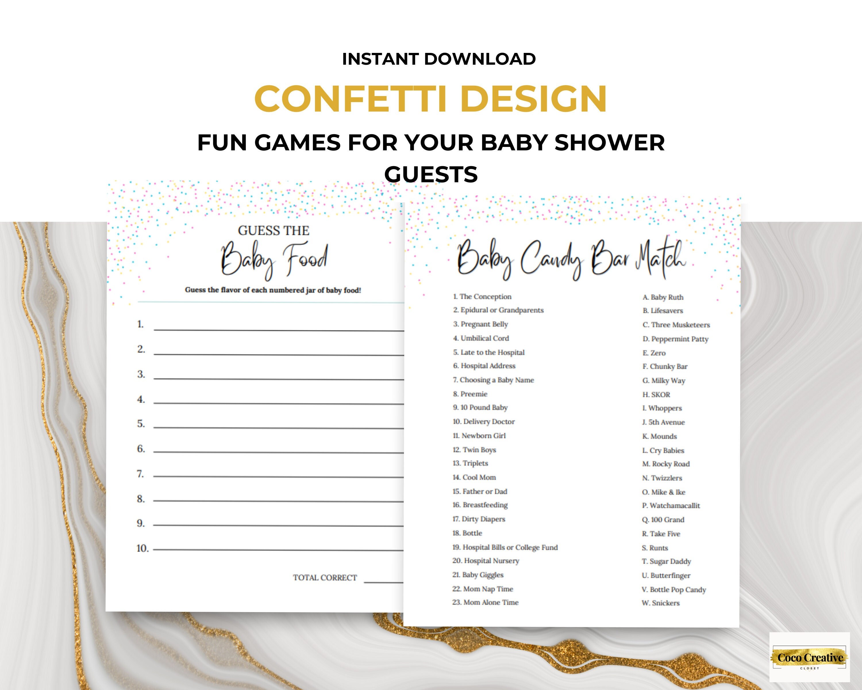 Confetti Design, Baby Shower Games Bundle 12 Games Including Answers ...