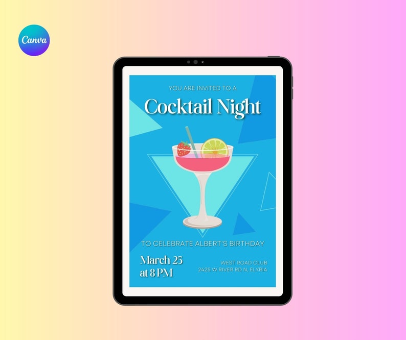 Editable Cocktail Party Invitation Digital Download Birthday Etsy
