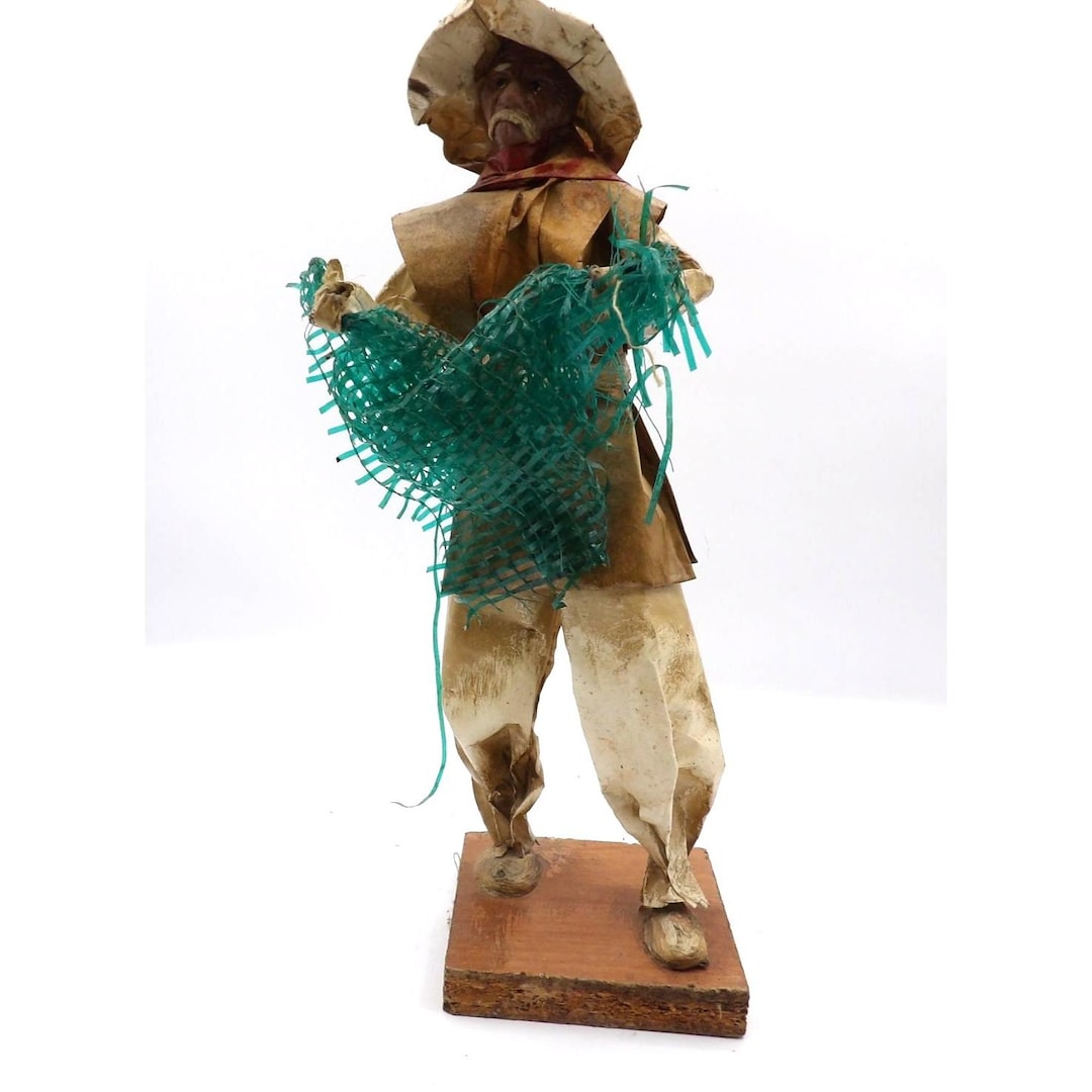 Viejito Papel Mache Old Man With Fishing Net in Papier Mache 12x3.5x3.5 ...