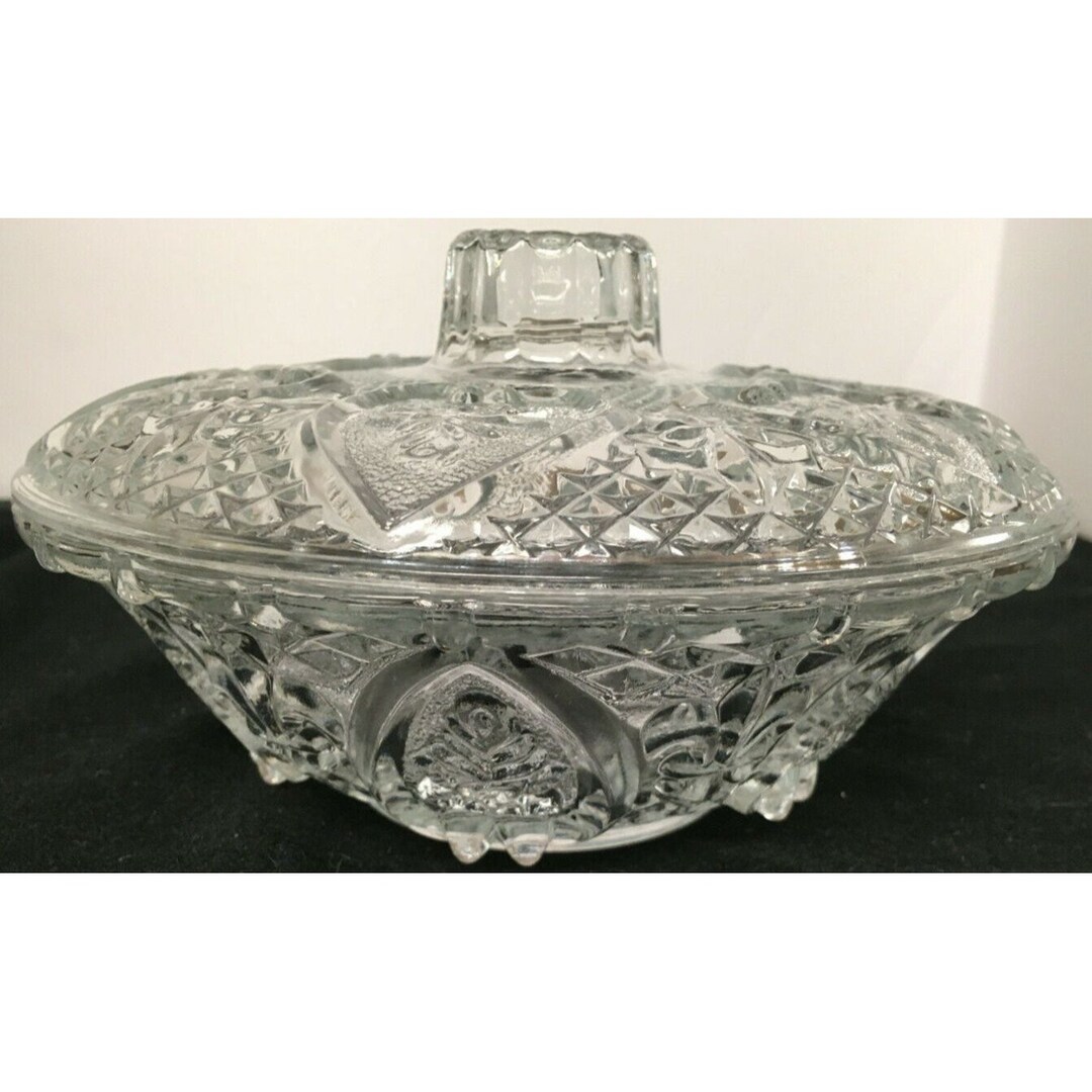 Candy Dish & Lid Pressed Glass With Heart Diamond Floral Pattern 7 ...