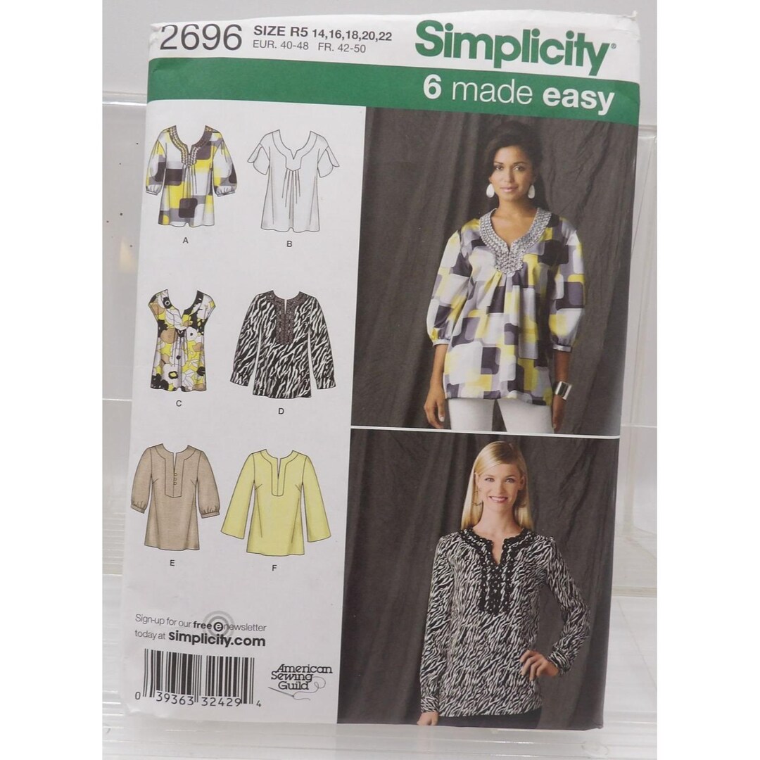 Simplicity 2696 Sewing Pattern Blouses Sizes 14-22 6 Tunic Tops ©2009 ...