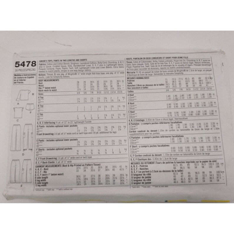 Simplicity Pattern #5478 Easy to Sew Size BB 11/12-15/16 Women'sjrs ...