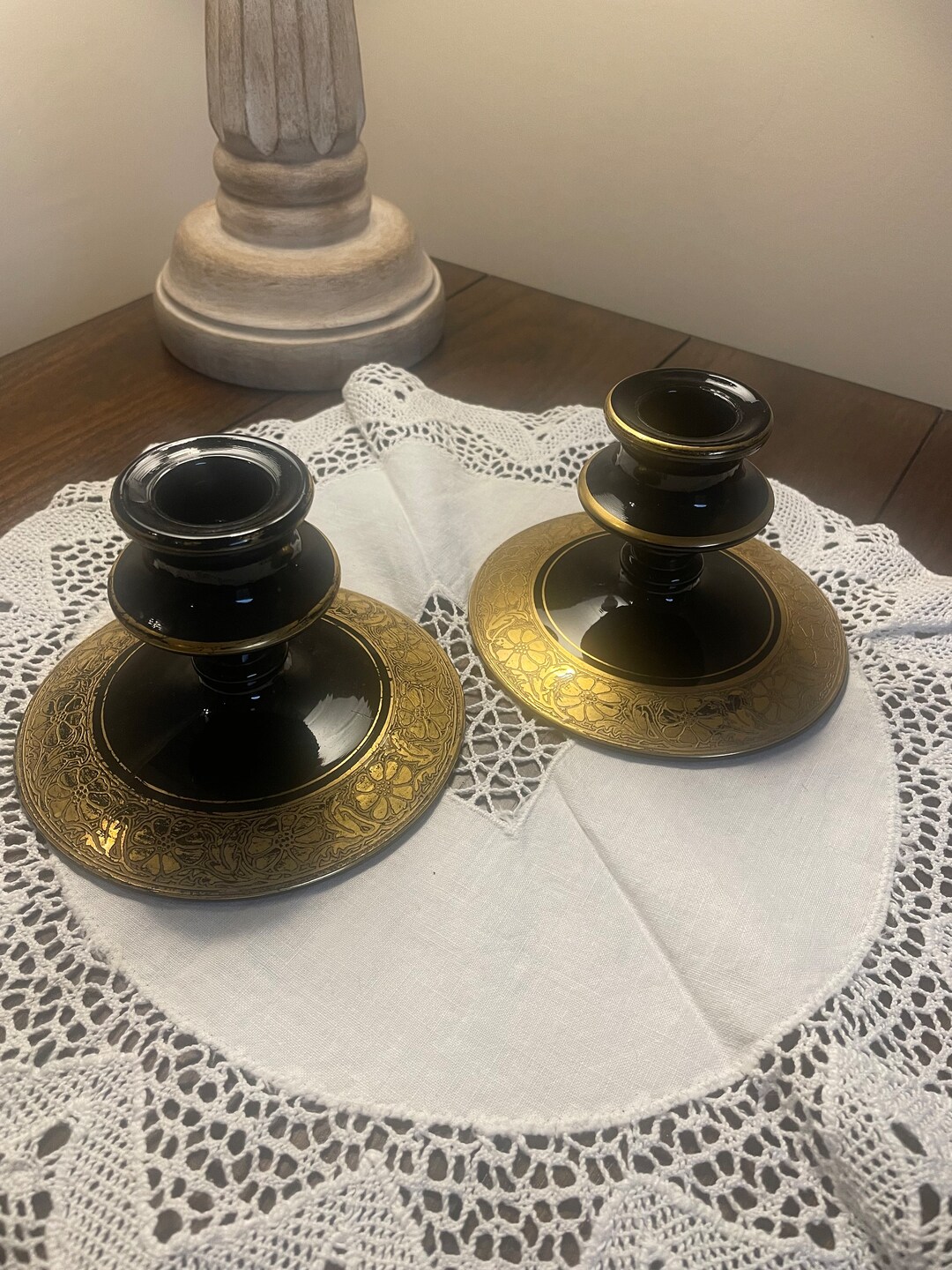 Set of 2 Black Glass and Gold Trim Candlestick Holders - Etsy