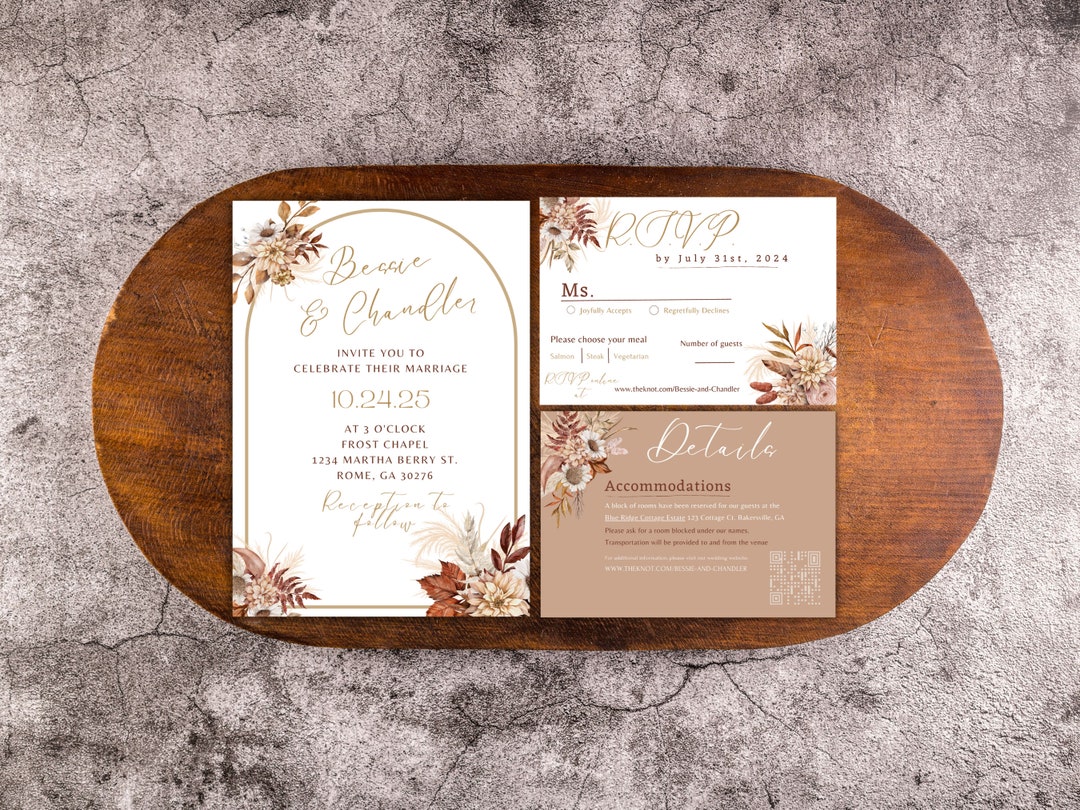 SIERRA Boho Wedding Invitation Template Bundle | Pampas Wedding Invite ...