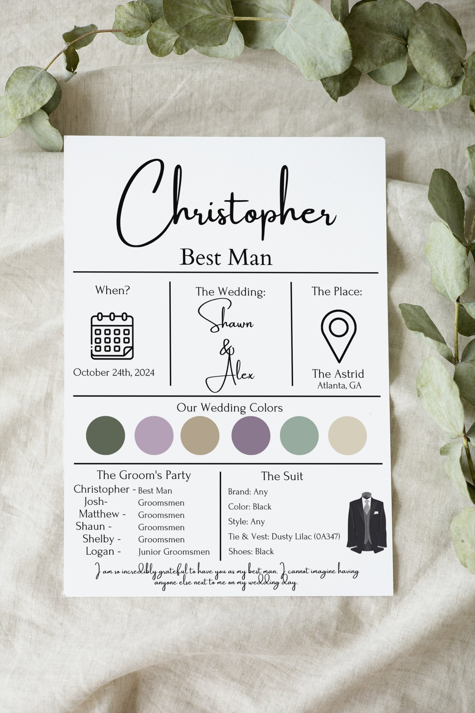 Groomsman Color Info Card Template, Editable Groomsman Information Card ...