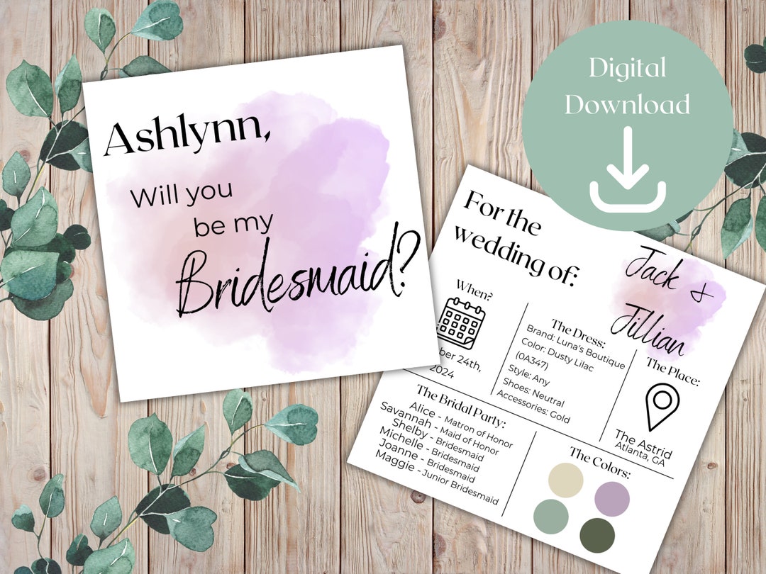 Watercolor Bridesmaid Info Card Template, Square Bridesmaid Proposal ...