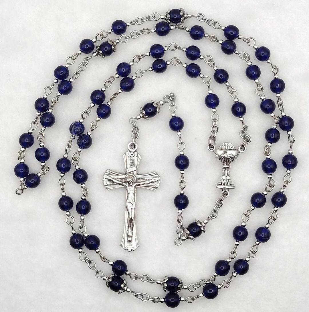 FIRST COMMUNION ROSARY Cobalt Blue Czech Glass Rosary With Two-sided 3D ...