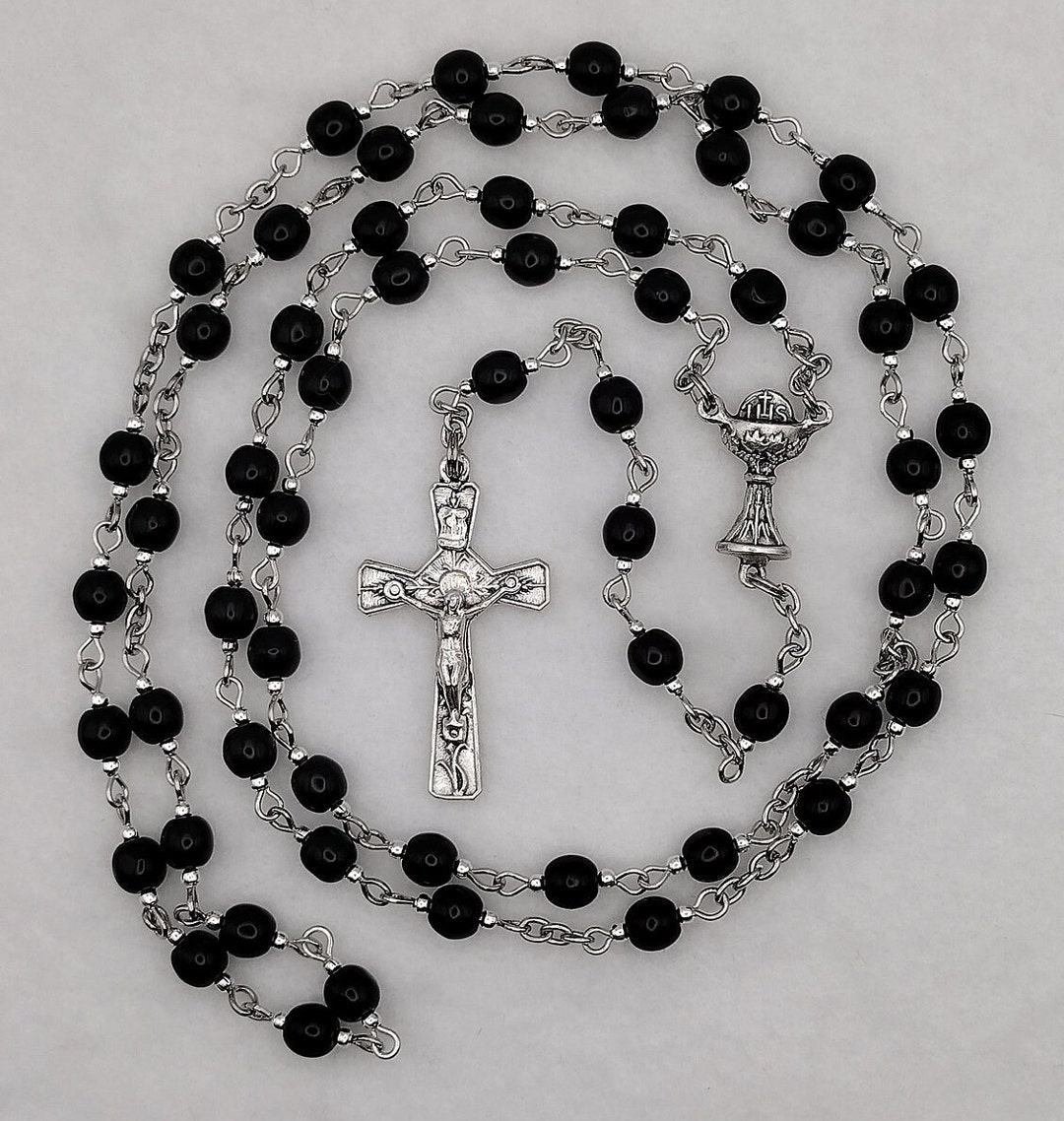 CZECH GLASS First Communion Jet Black Smooth Round Druk Rosary With 3D ...