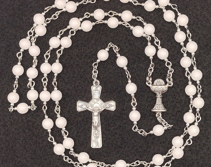 FIRST COMMUNION ROSARY Pure White Czech Glass Smooth Round Druk Rosary ...