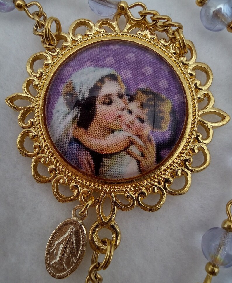CZECH GLASS GOLDEN Alexandrite Aurora Rosary With Madonna and Child ...