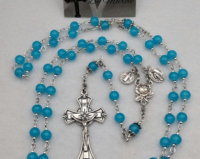 SMOOTH - Bright Blue Jade-style Glass Rosary Rose-shaped Centerpiece ...