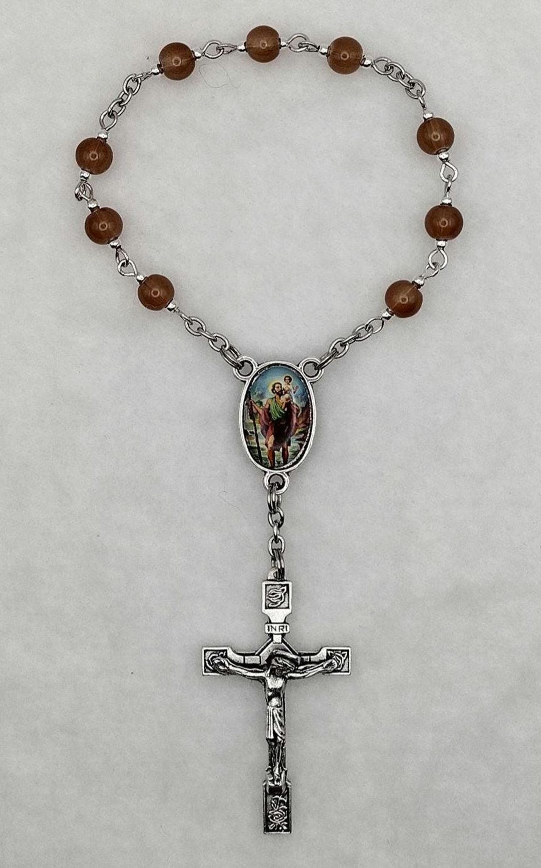 SMOOTH GLASS Saint Christopher Chaplet: Brown Glass Beads, Rose ...