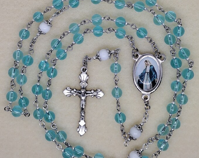 SMOOTH GLASS Clear Bright Blue and White Rosary Full-color Our Lady of ...