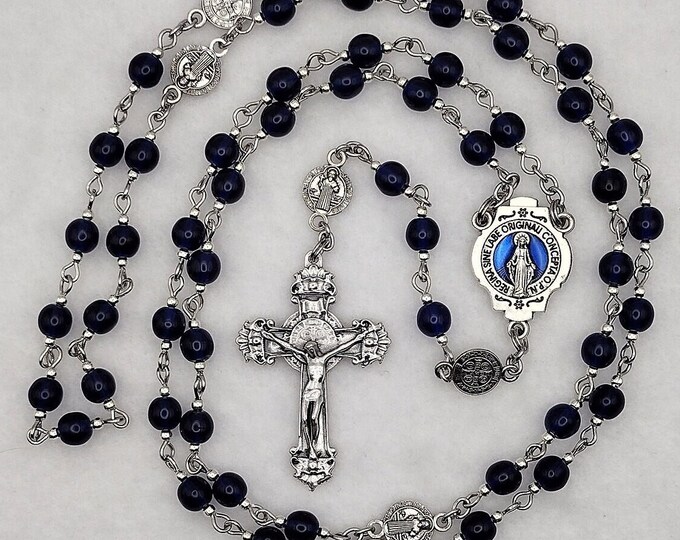 CZECH GLASS Cobalt Blue Rosary With Cobalt Blue Enameled Miraculous ...