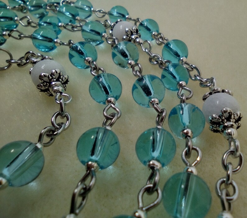 SMOOTH GLASS Clear Bright Blue and White Rosary Full-color Our Lady of ...