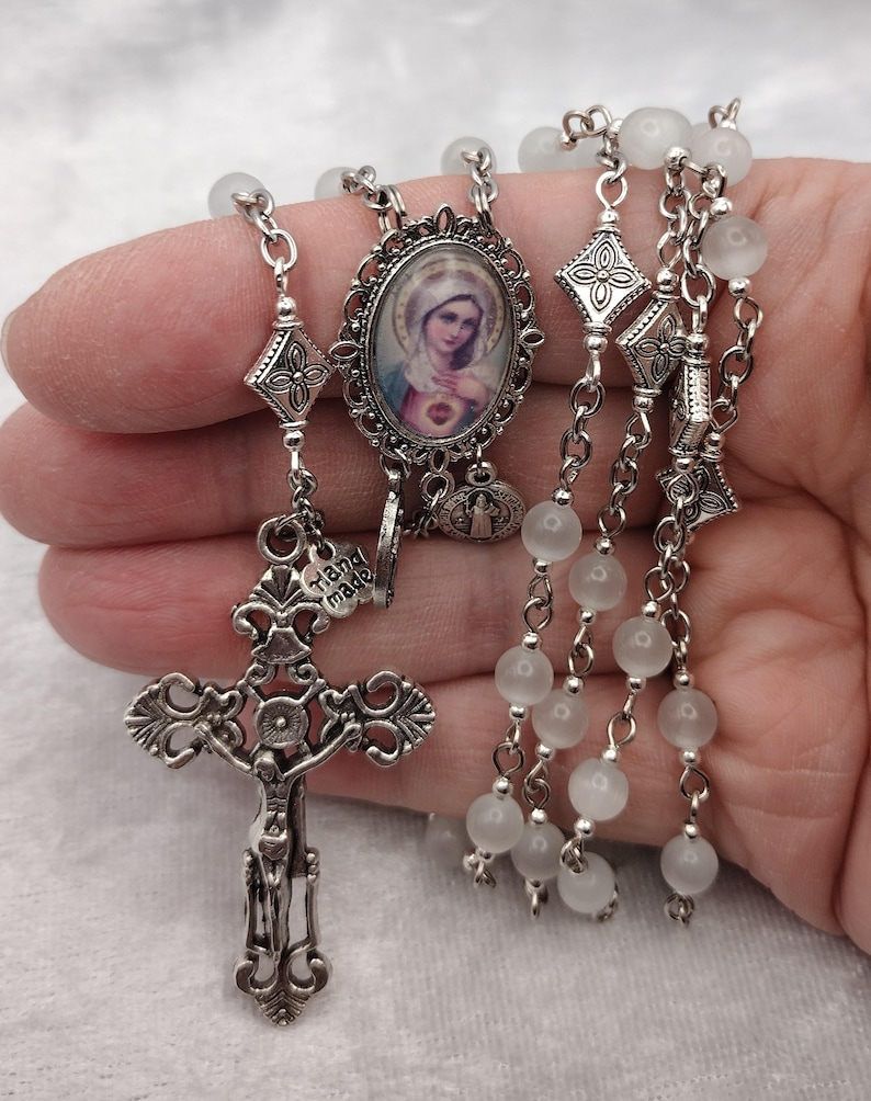 GEMSTONE SELENITE ROSARY: Immaculate Heart Center, Small Miraculous and ...