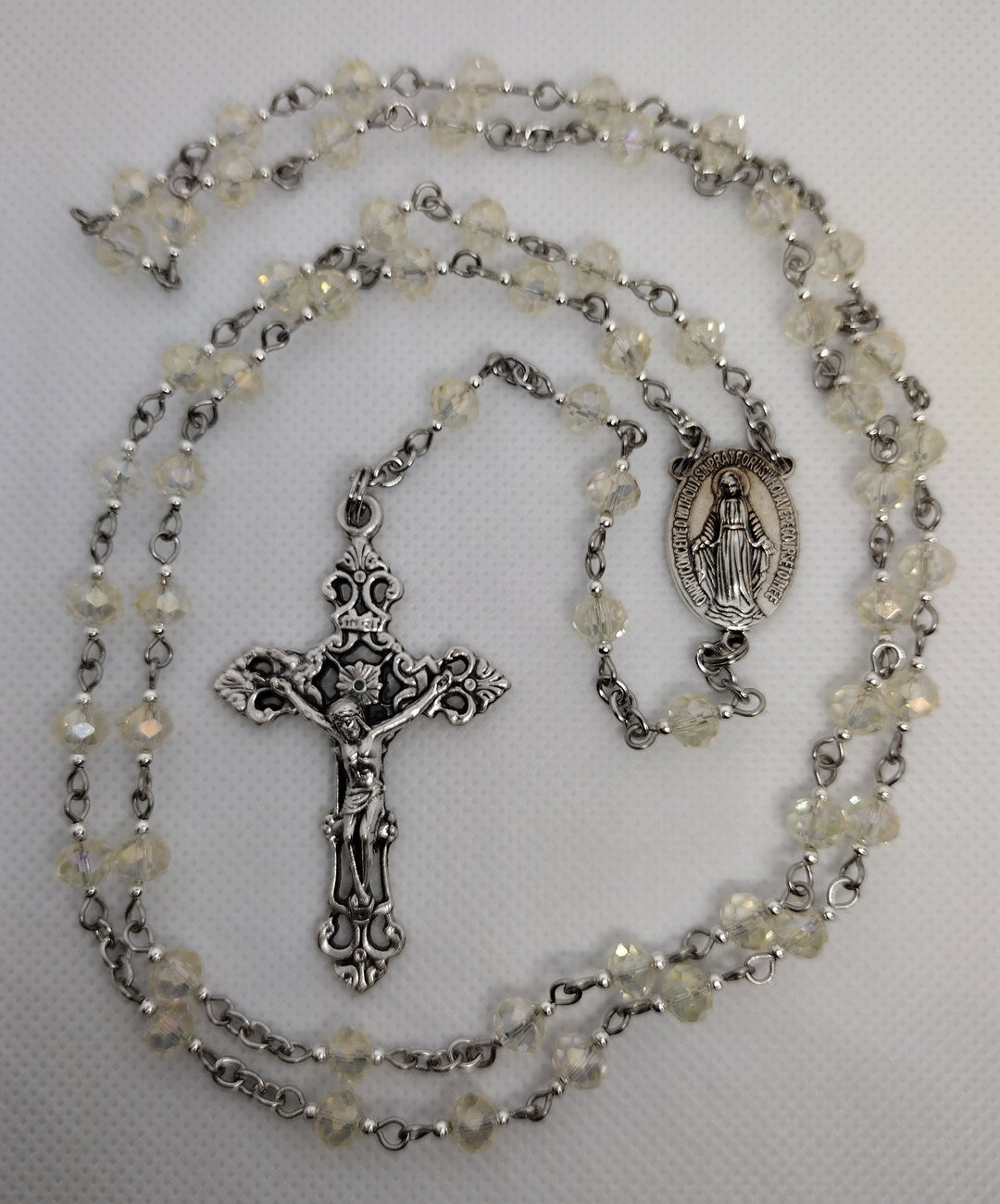 CRYSTAL Pale Yellow Crystal Rosary With Ornate Fleur-de-lis Crucifix ...