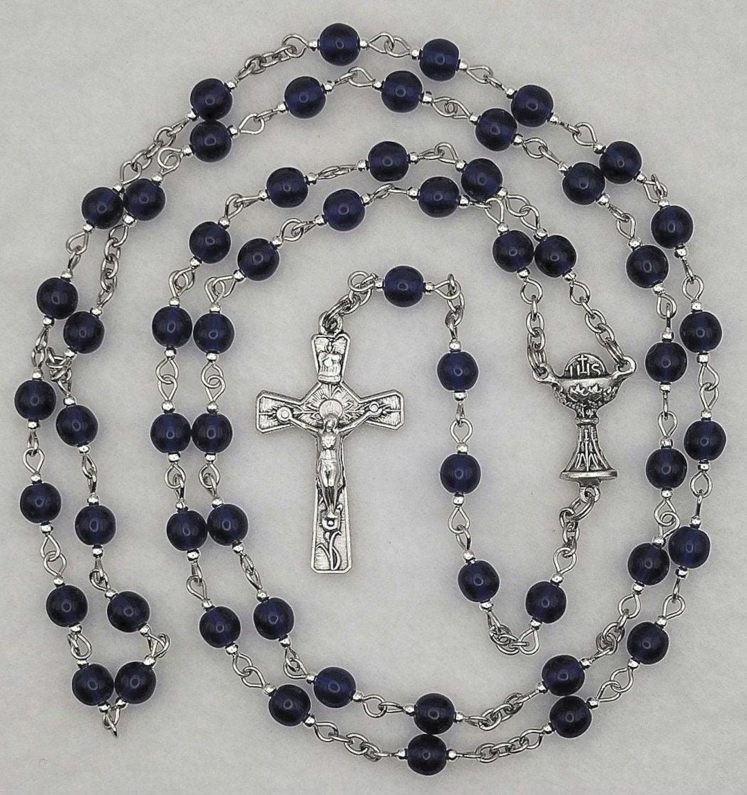 First Communion Rosary: Cobalt Blue Czech Glass Beads, Chalice ...