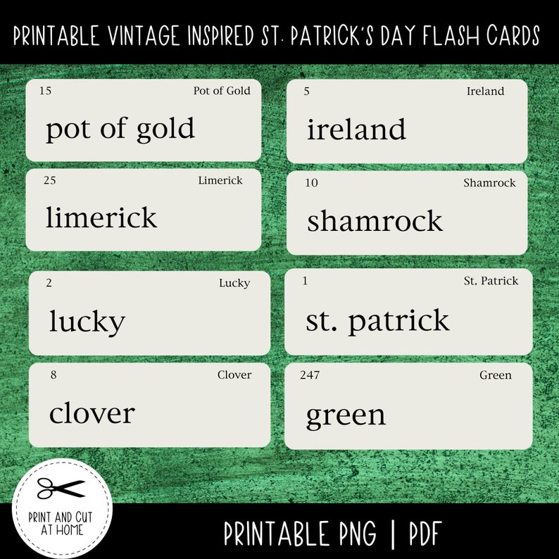 Vintage Inspired Printable St. Patrick's Day Flash Cards | Printable ...