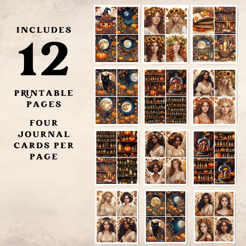 Autumn Magic Journal Cards Fall Witch Moon Cats Apothecary Halloween Samhain ATC Cards Printable ...