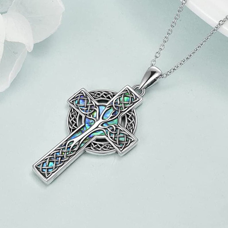 Celtic Cross Necklace Sterling Silver Celtic Knot Pendant Abalone Shell ...