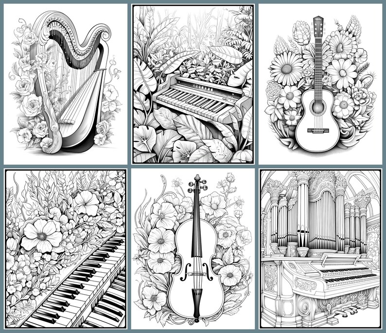 30 Melodious Coloring Pages, Music Printable Grayscale Coloring Book ...