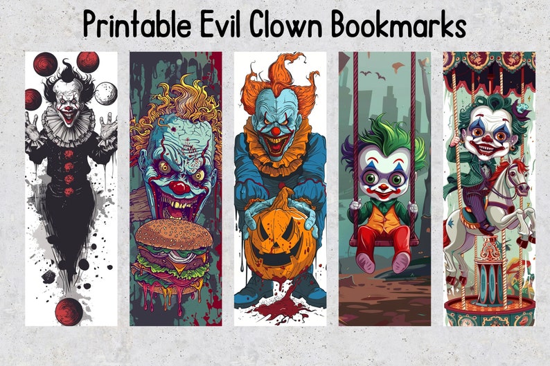 50 Evil Clown Printable Bookmarks, Evil Clowns Digital Bookmark Sheets ...