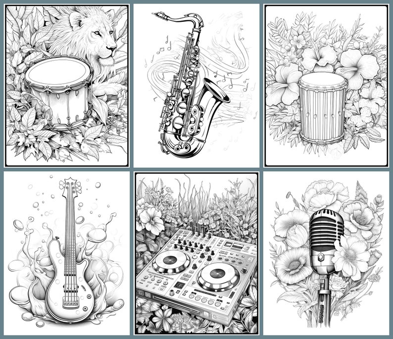 30 Melodious Coloring Pages, Music Printable Grayscale Coloring Book ...