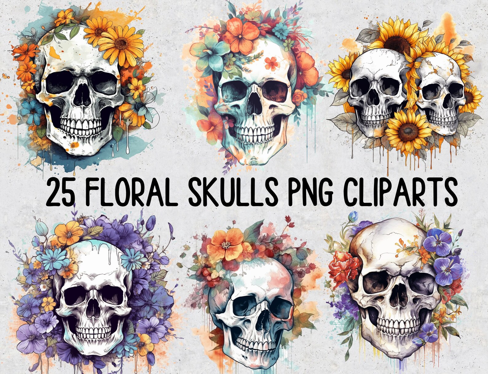25 Floral Skulls PNG Cliparts, Watercolor PNG Skulls and Flowers ...
