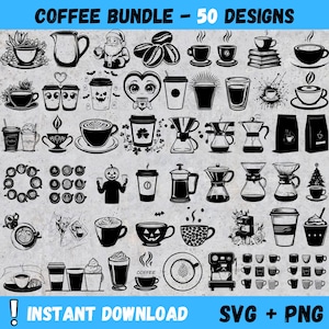 50 Coffee PNG & SVG Bundle, Coffee SVG Silhouettes Sublimation, Coffee ...