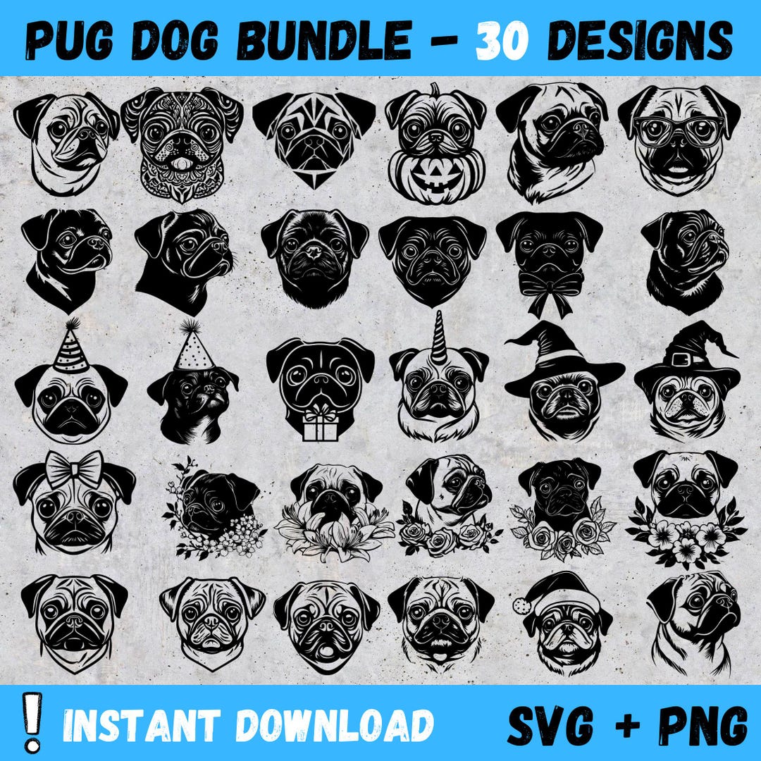 30 Pug Dog PNG & SVG Bundle, Pug Dog SVG Silhouettes Sublimation, Pug ...