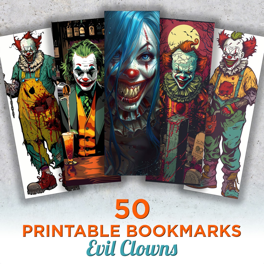 50 Evil Clown Printable Bookmarks, Evil Clowns Digital Bookmark Sheets ...