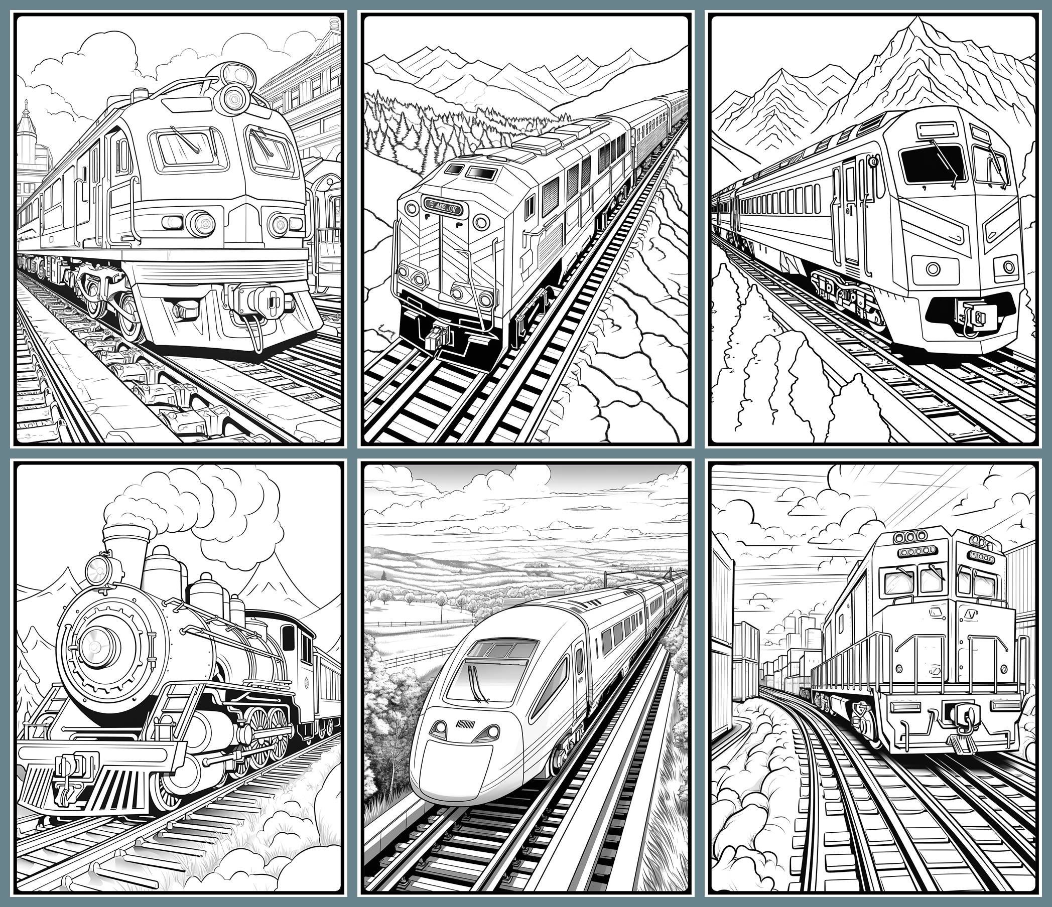 45 Train Coloring Pages, Train Printable Grayscale Coloring Book for ...