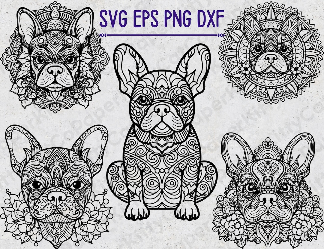 5 French Bulldog SVG Bundle, Dog Zentangle Mandala SVG, Set of Dog PNG ...