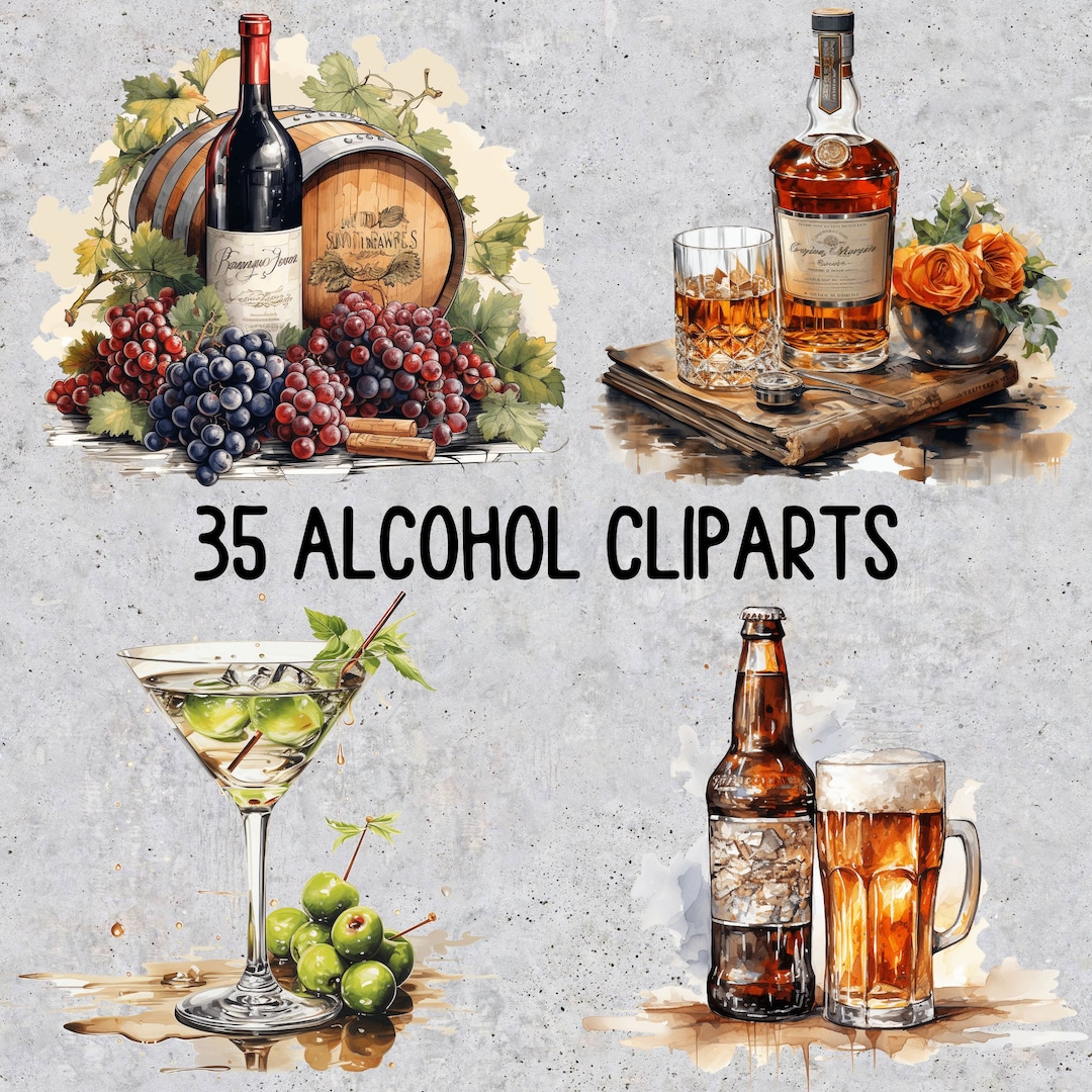 35 Alcohol PNG Cliparts, Watercolor Alcoholic PNG Sublimation, Set of ...
