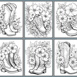 45 Floral Boots Coloring Pages, Blooming Shoes Printable Grayscale ...