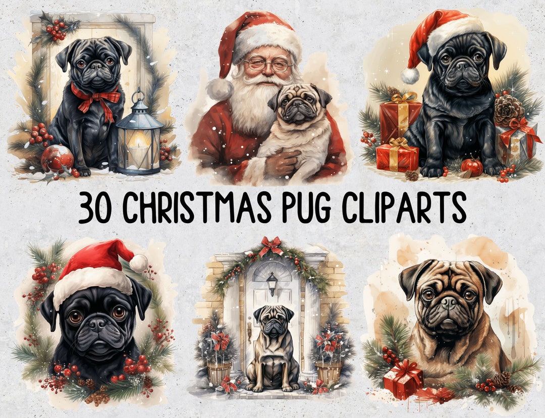 30 Christmas Pug Dog PNG Cliparts, Watercolor Black Pug Sublimation ...