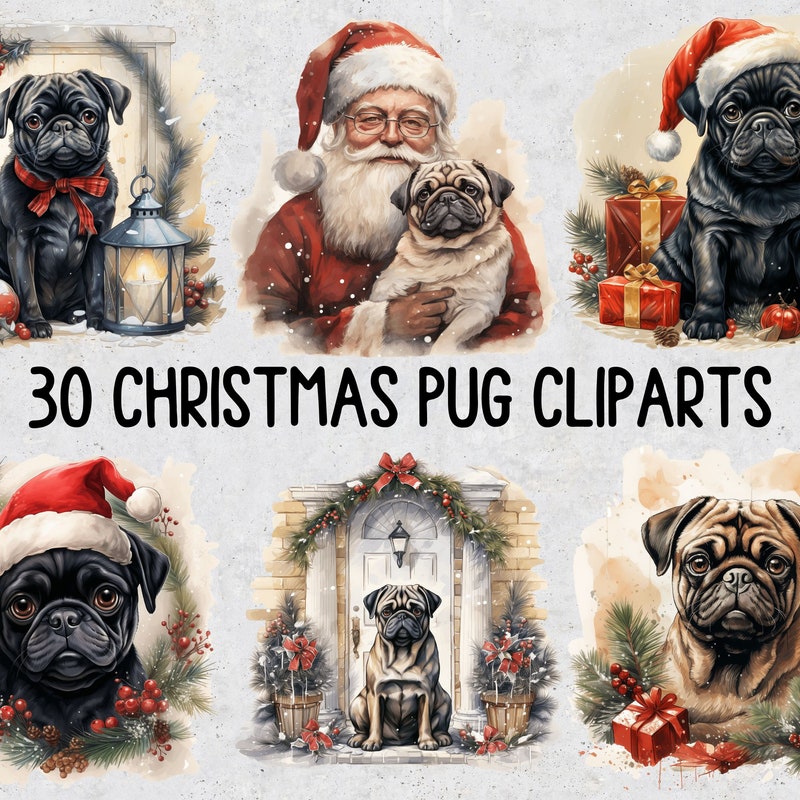 Christmas Pugs Clipart - Etsy