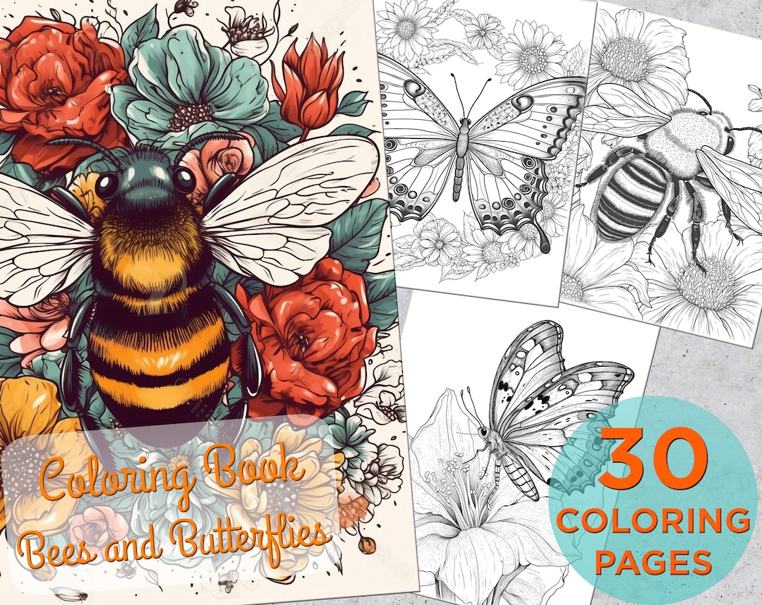 30 Bees and Butterflies Coloring Pages, Adults Printable Coloring Page ...