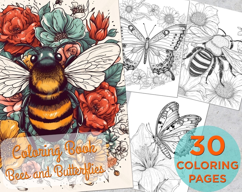 30 Bees and Butterflies Coloring Pages Adults Printable - Etsy